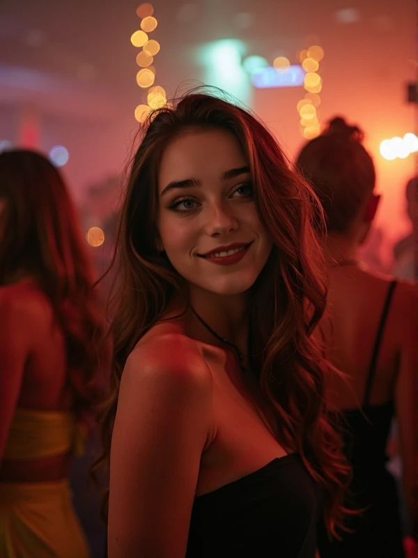 Picture of a Brunette influencer at a college party, wearing a plain ...