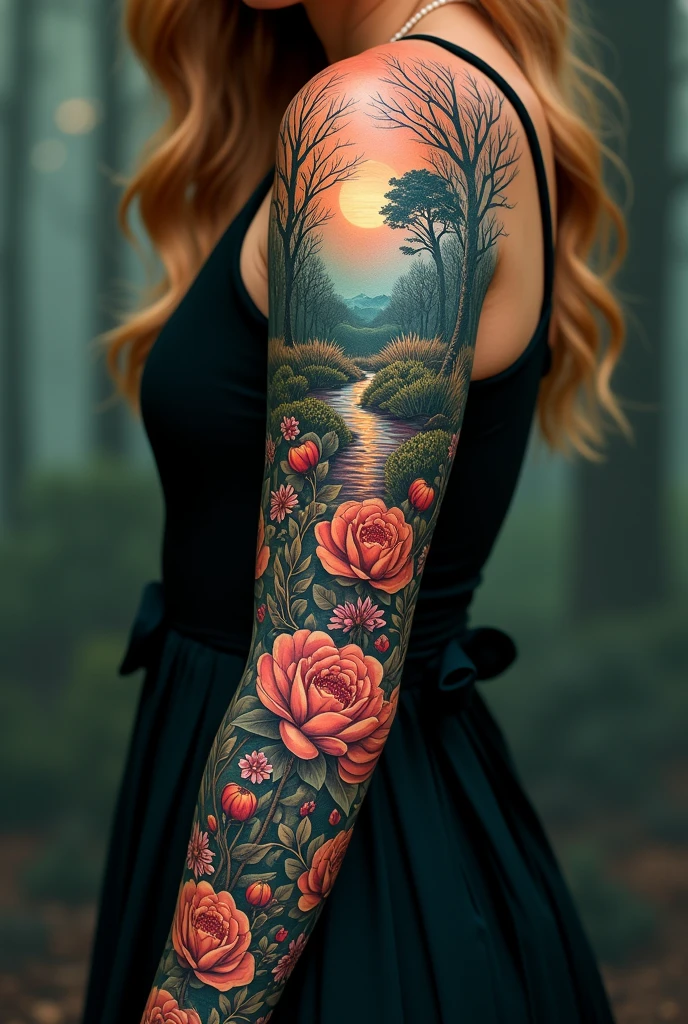 Create a full tattoo for a woman's left arm. Le design doit présenter un paysage - SeaArt AI