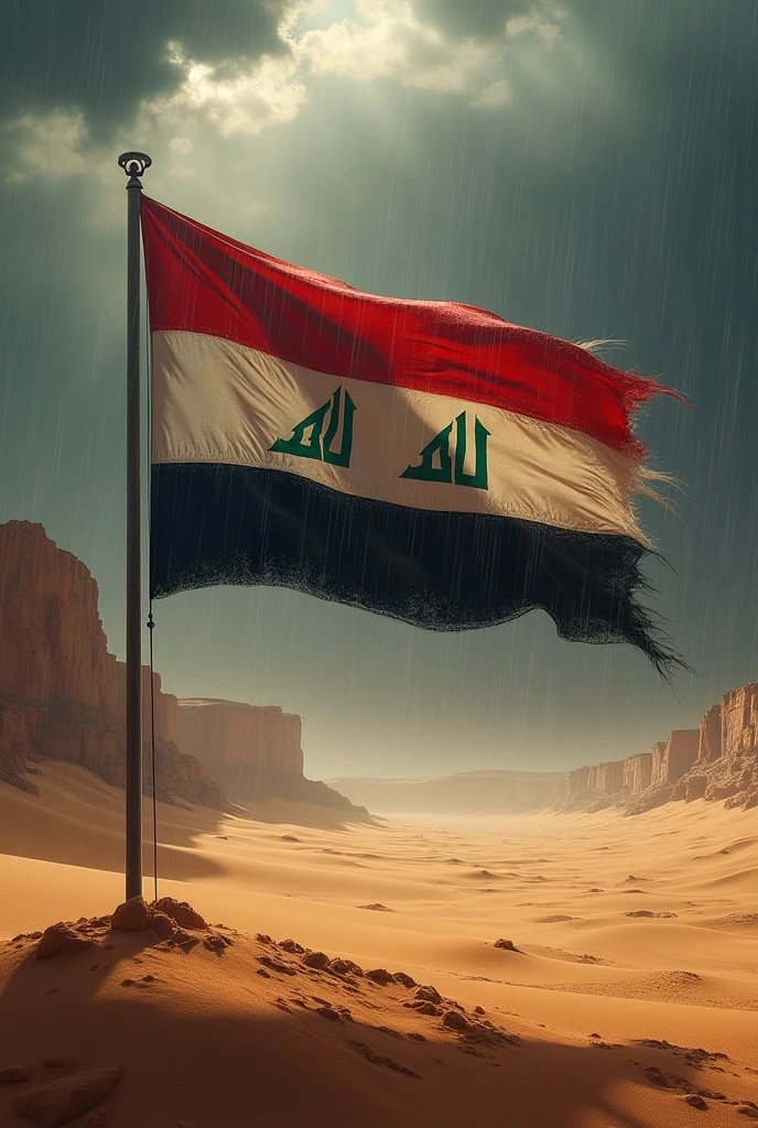 Iraq flag in the desert with rain and thunder - SeaArt AI