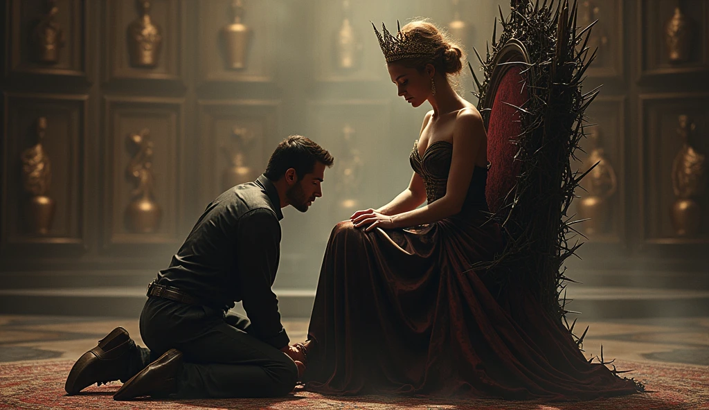 From side angle, a woman, queen sitting on a thorn, a man on knees in ...