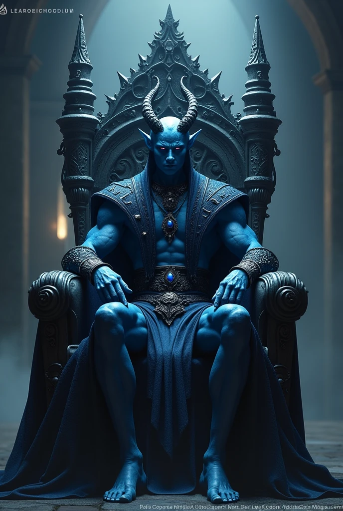 Blue demon elf king sitting on his royal throne with a dark background ...