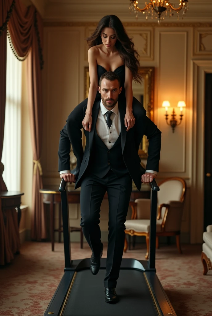 millionaire woman forces her butler to run on a treadmill while she is ...