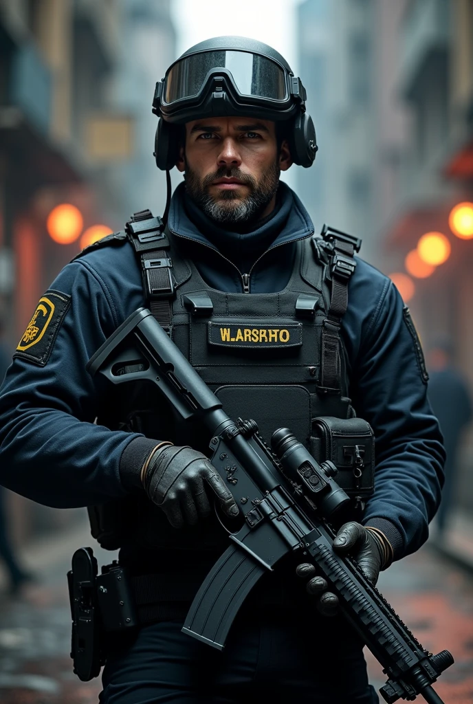 Fearless police officer, very good warrior, rifle in hand, vest and ...