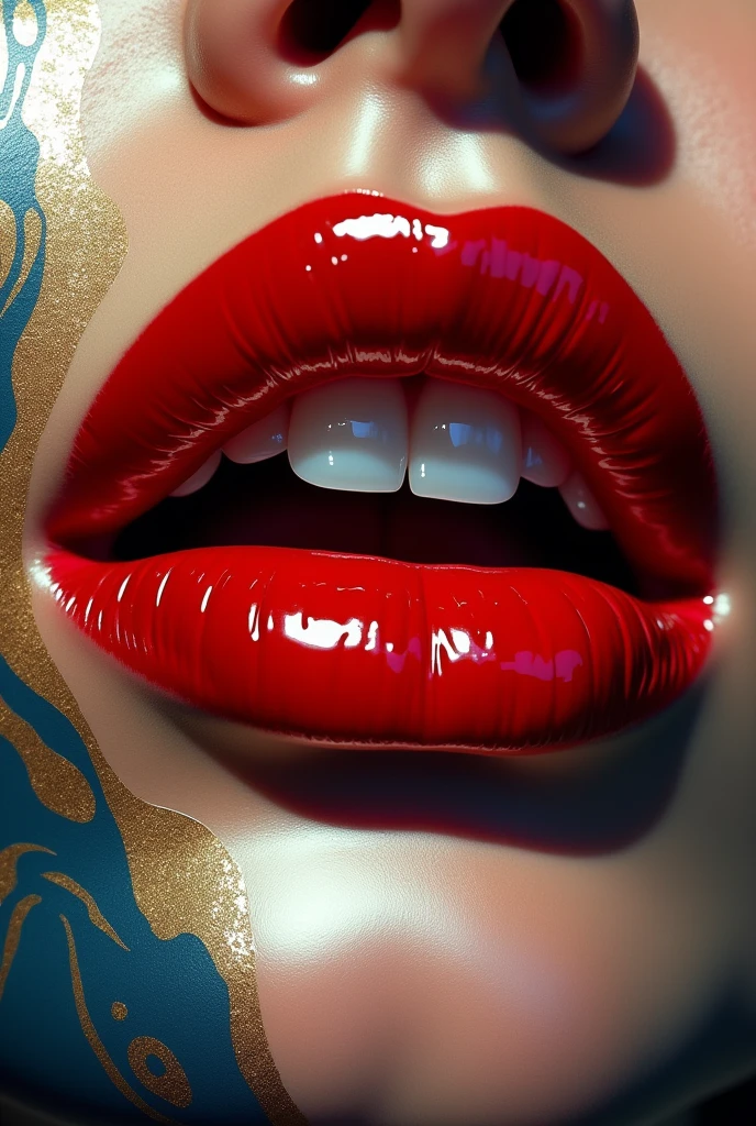 An extreme close-up of a woman's lips, painted in vibrant, glossy red ...