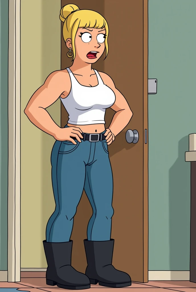 A buff female Family Guy character that has blonde hair tied in a bun ...