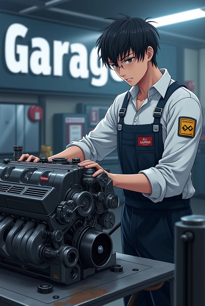 An car enginner with bmw engine,angarage banner on wall,3d,anime ...