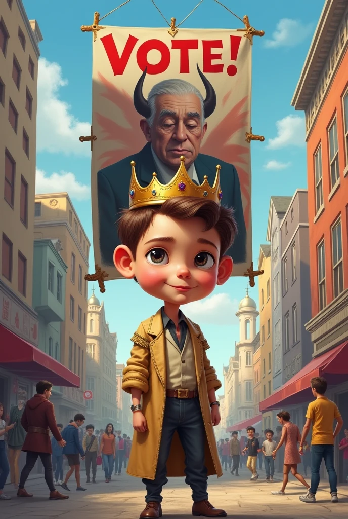 Draw a caricature of a handsome and innocent young prince with a crown ...