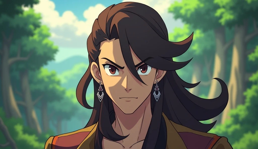 Create a male pokemon trainer character with a long brunette hair tone ...
