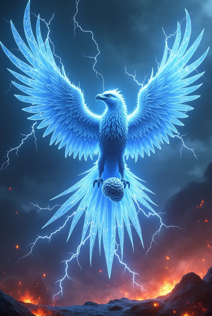 Create a powerful, all-blue lightning phoenix, hyper realistic style ...