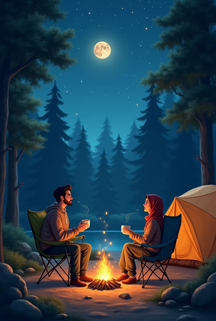 Disney cartoon themed. camping at night in the forest. there are tent ...