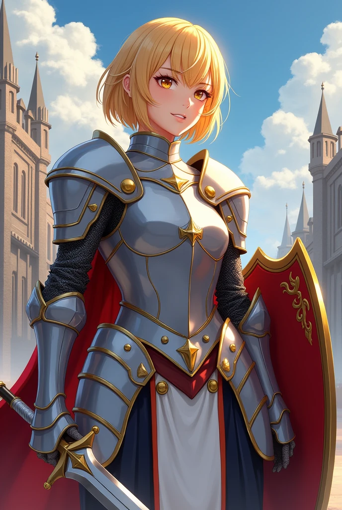 Anime image of a dignified female knight with short yellow hair - SeaArt AI