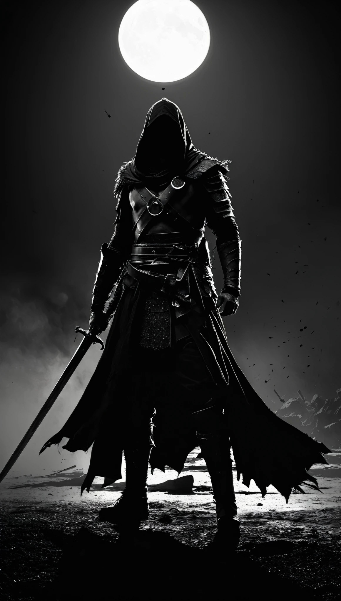 A man in a hooded jacket holding a sword standing in front of a full ...