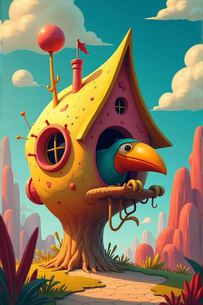 Draw a house for a bird, that is abstract and has to do with swollen ...