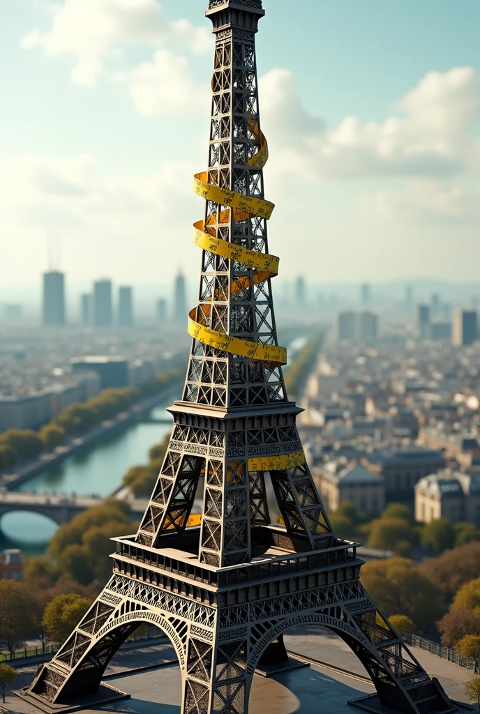 (photorealism:9:19) eiffel tower with tape measure wrap around it ...