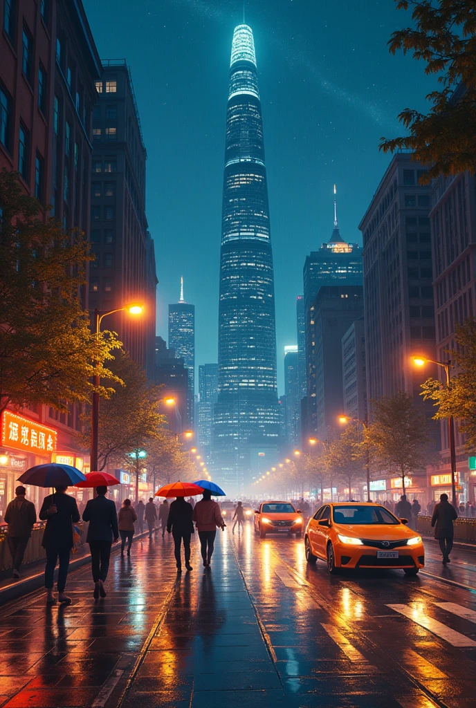 A bustling city street at night, illuminated by the warm glow of ...