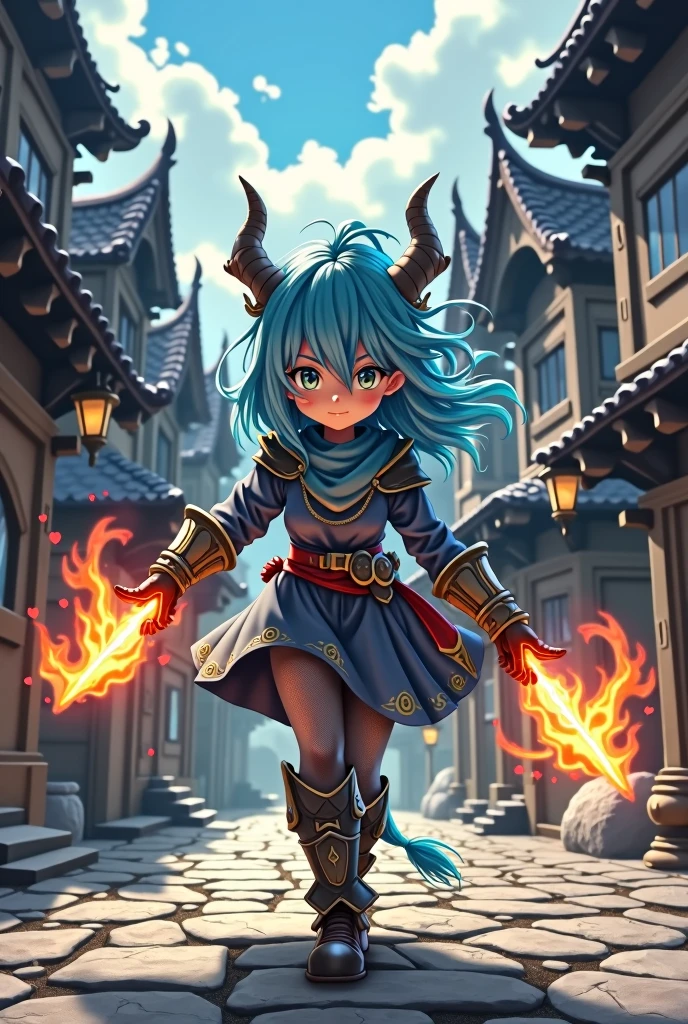 A blue-haired dragon Demi-human girl with iron gloves on fire on a ...