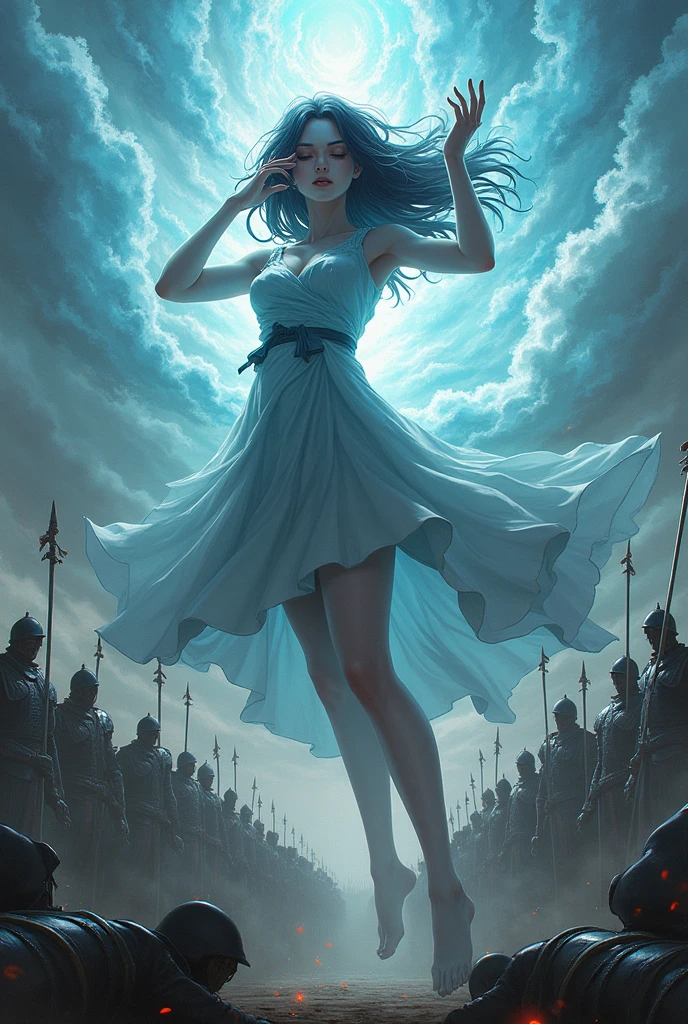 Beautiful girl with demon appearance, with a shade of blue, eyes closed ...