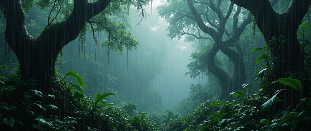 Jungle, heavy rainfall, monochrome, vines everywhere, huge and humid ...