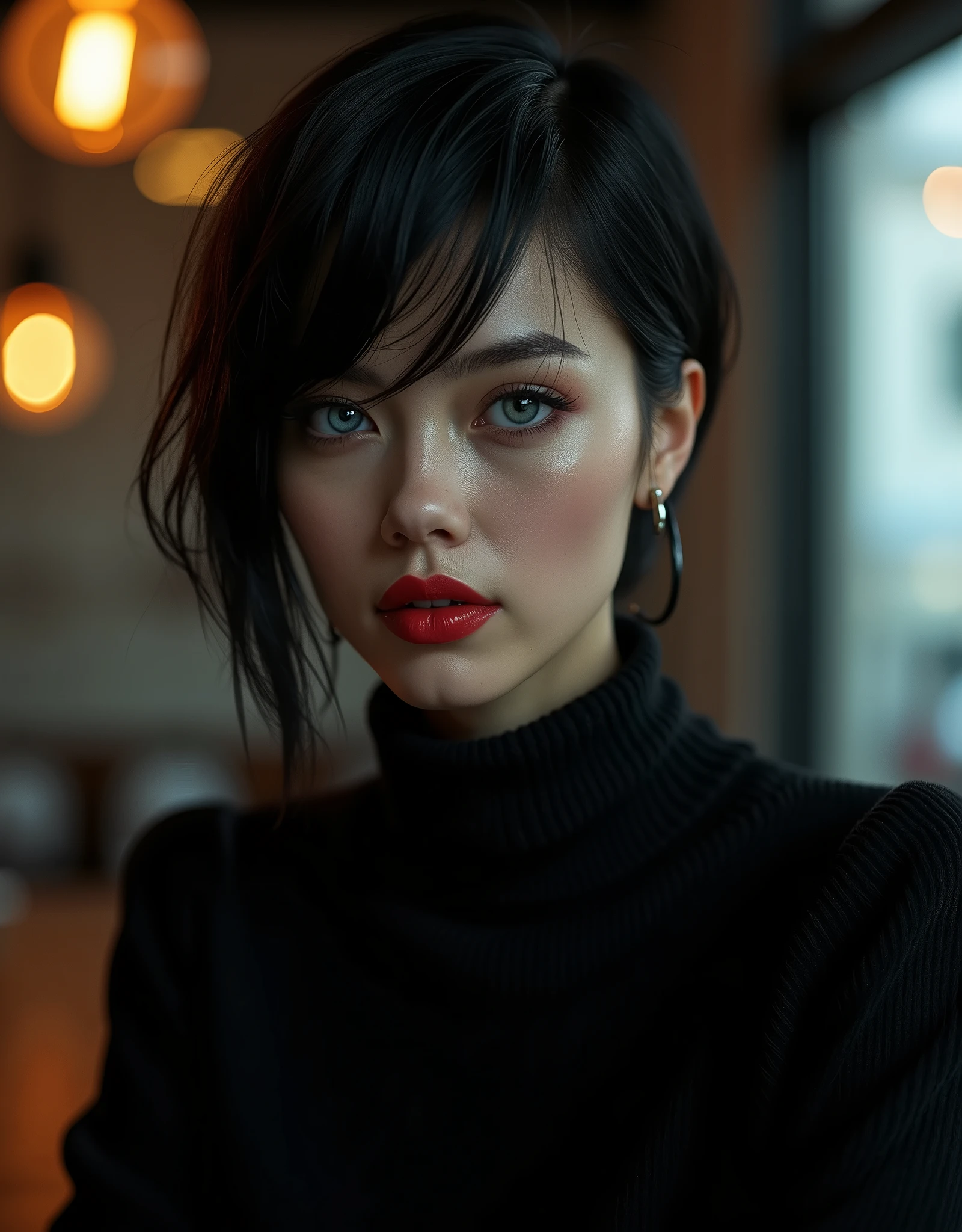 Arafed woman with red lipstick and black sweater looking at camera ...