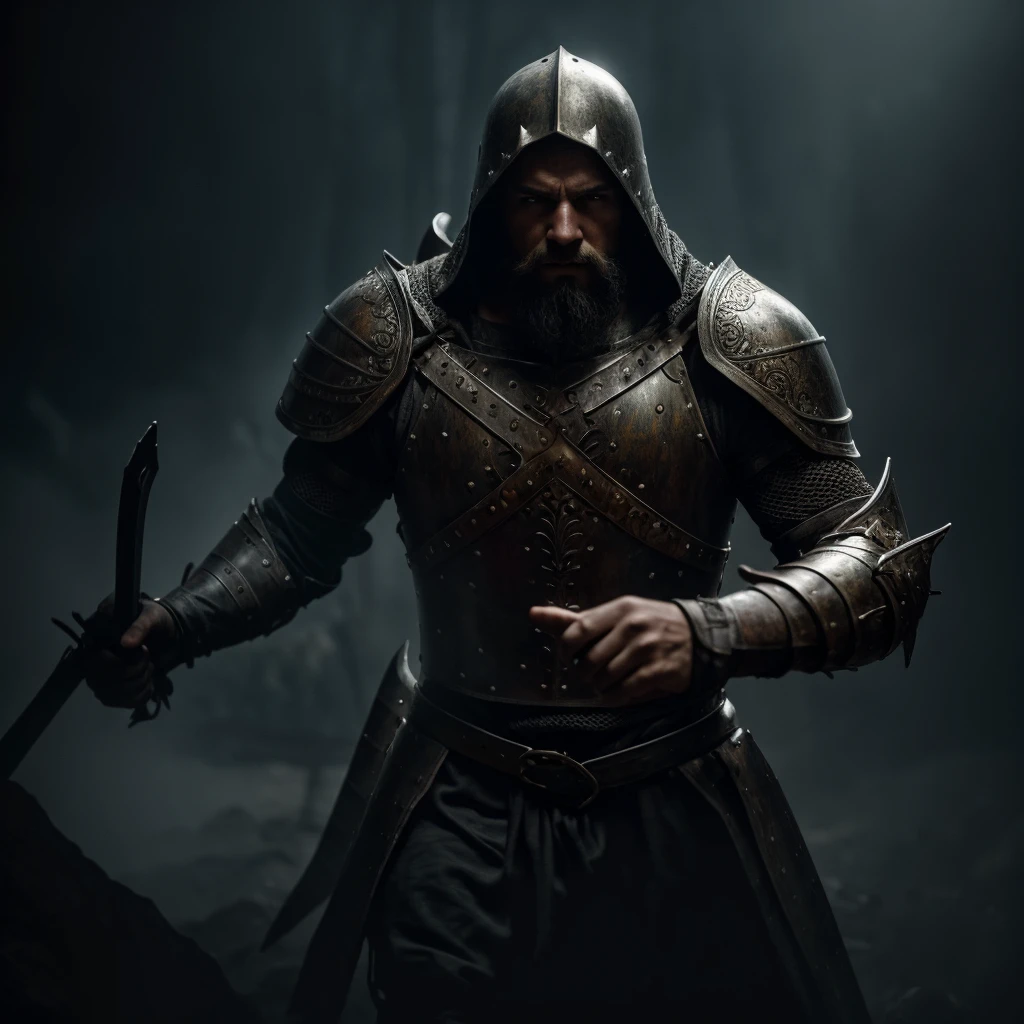 A man in medieval armor, matte skin tone, with light beard, fighting ...