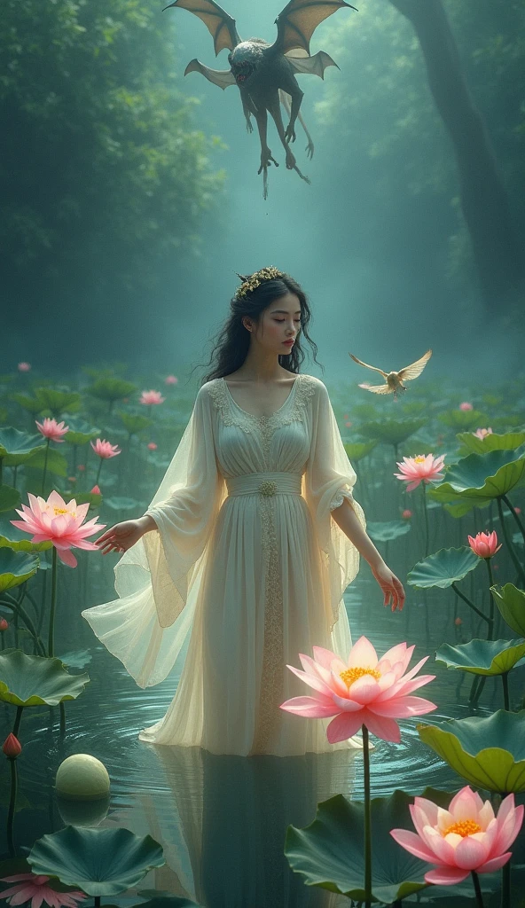 Lotus flower、Girl、birdie、The Descending Devil - SeaArt AI