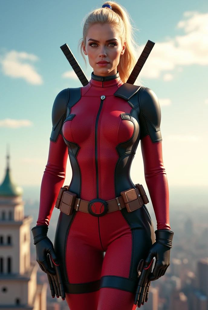 Make a female version of Deadpool, only blonde ponytail visible - SeaArt AI