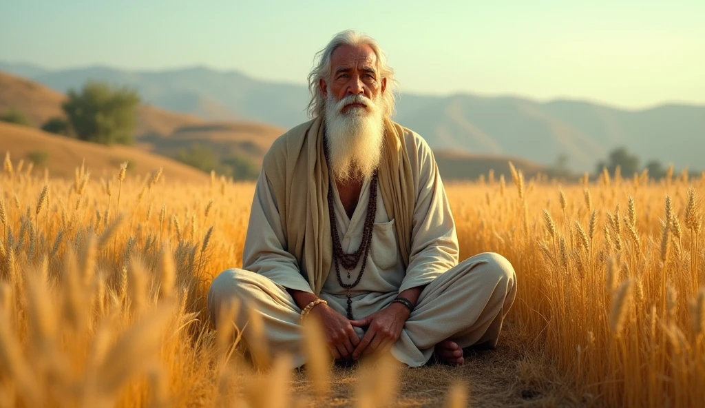 A humble old Indian sage sitting on the ground with a simple Indian ...