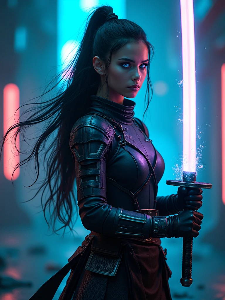 A stunning pretty young lady, long hair, a cyberpunk samurai warrior ...
