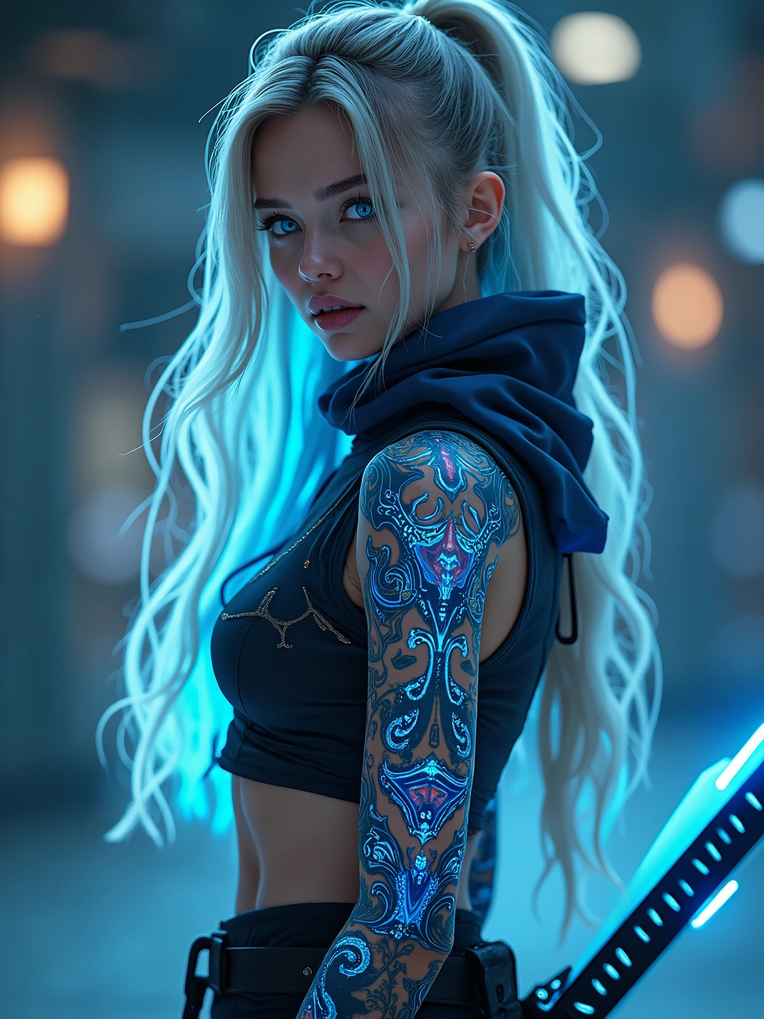 Arafed woman with a sword and a tattoo on her arm - SeaArt AI