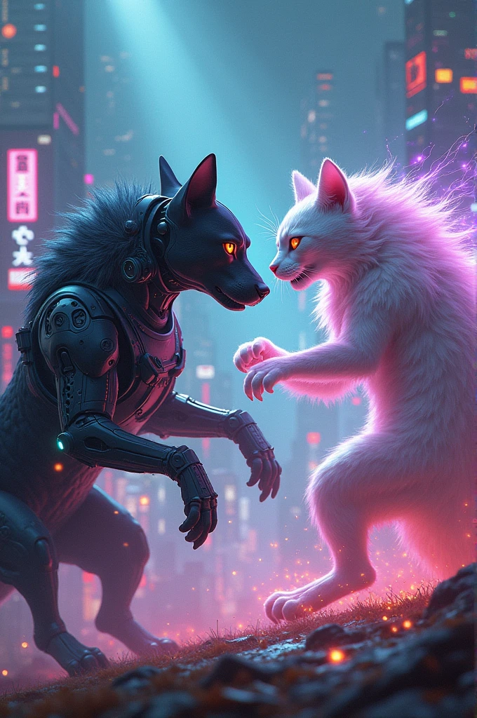 A cyber dog fighting a mythical cat - SeaArt AI