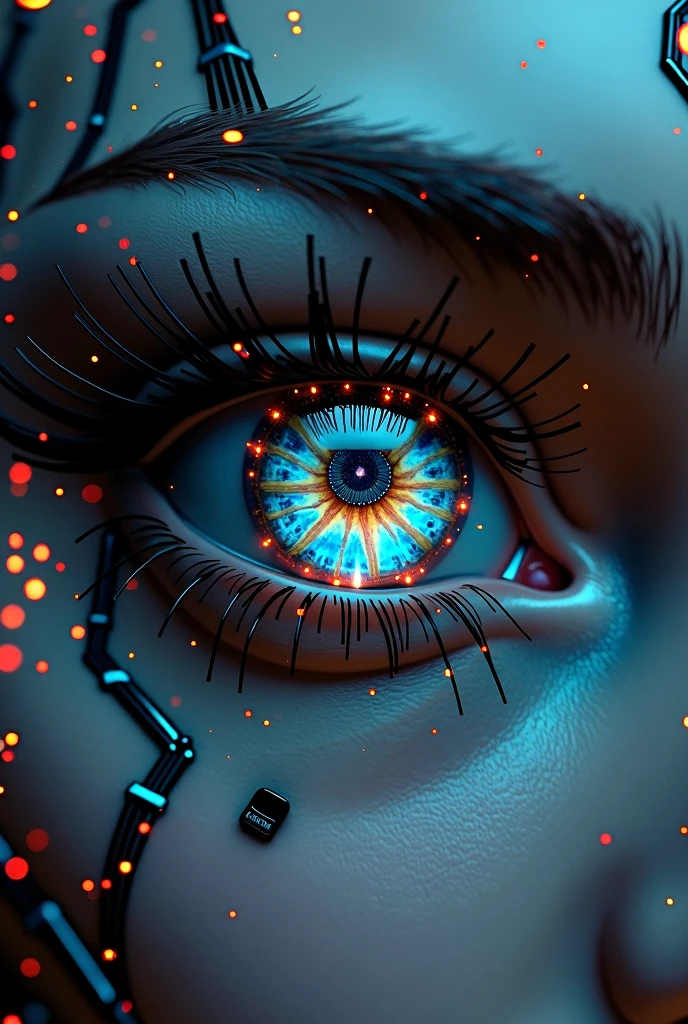 Eye cybernetic design cyberpunk reflected in the iris a modern city of ...
