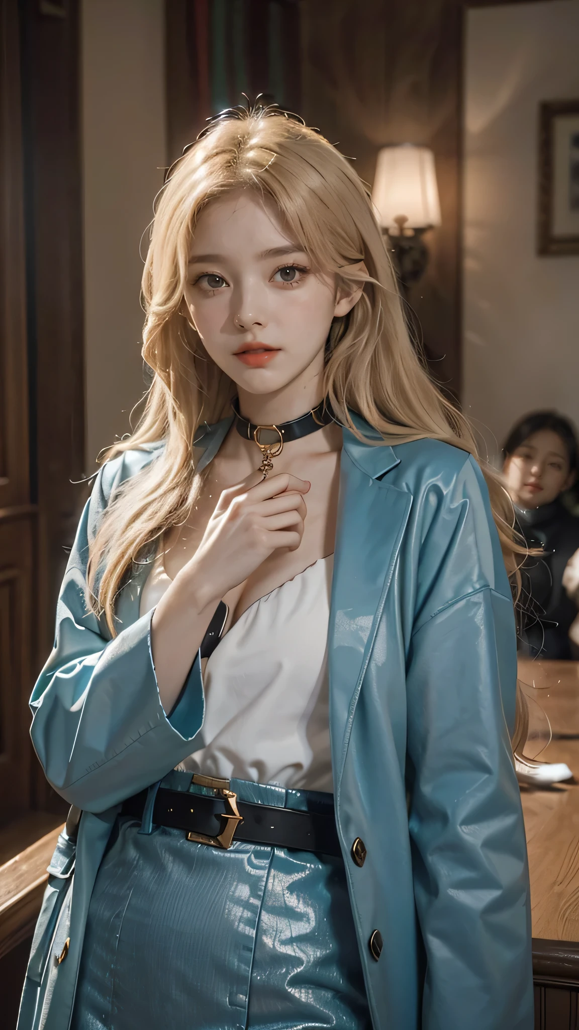 A woman in a blue leather jacket and skirt posing for a picture - SeaArt AI