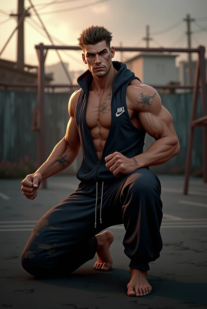 Young barefoot muscular rusty himbo guy with hot libido, street fighter ...