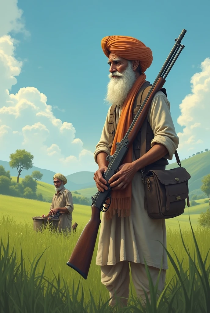 In a field, an old sardar with a gun in his hand. Bihari was working ...