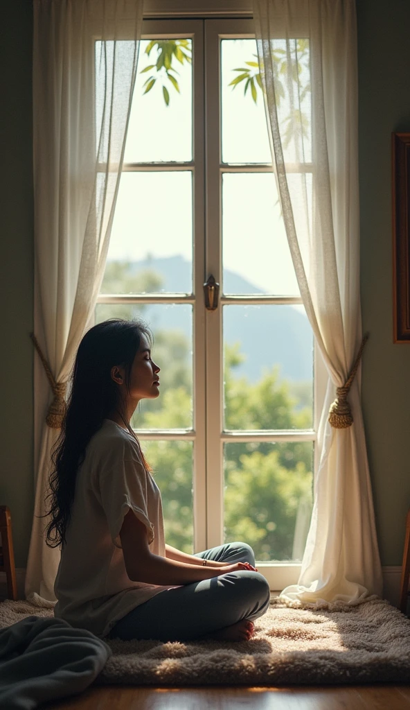 A reflective scene of the person sitting calmly, looking out of a ...