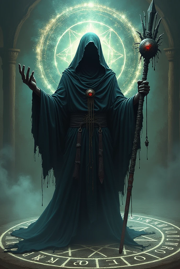 A pale mage with a black hooded robe, in one hand a dark torn septer ...