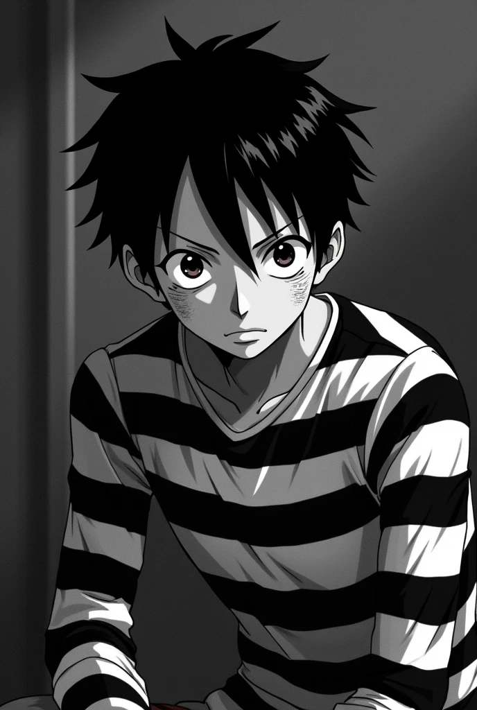 Police photo, Monkey D. Luffy in a black and white striped long sleeve ...