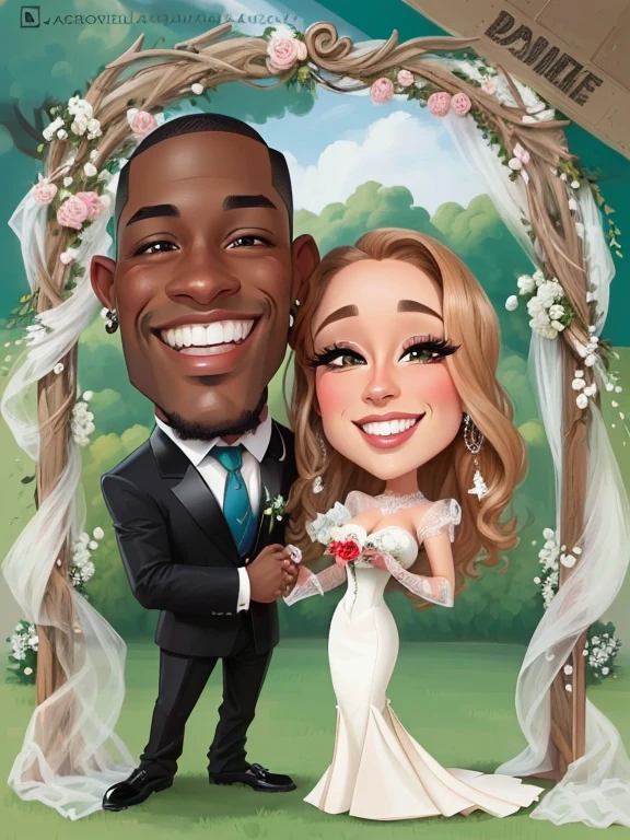 A cartoon caricature of a bride and groom in a marriage dress - SeaArt AI