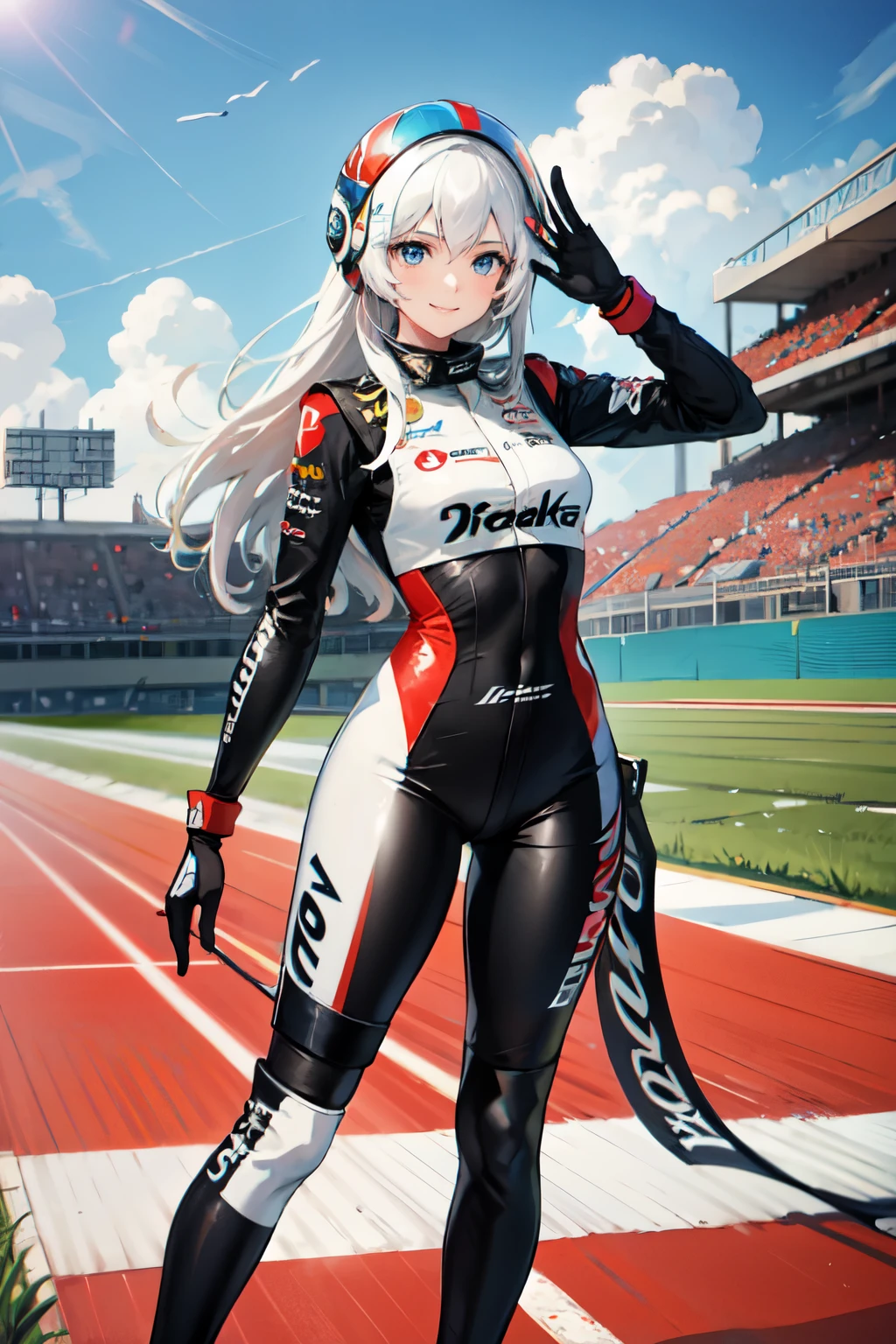 A woman in a racing suit standing on a track - SeaArt AI
