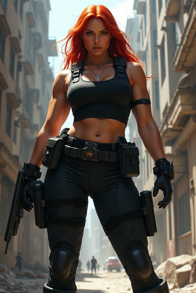 A big strong red full body heroine wearing a black tactical outfit ...