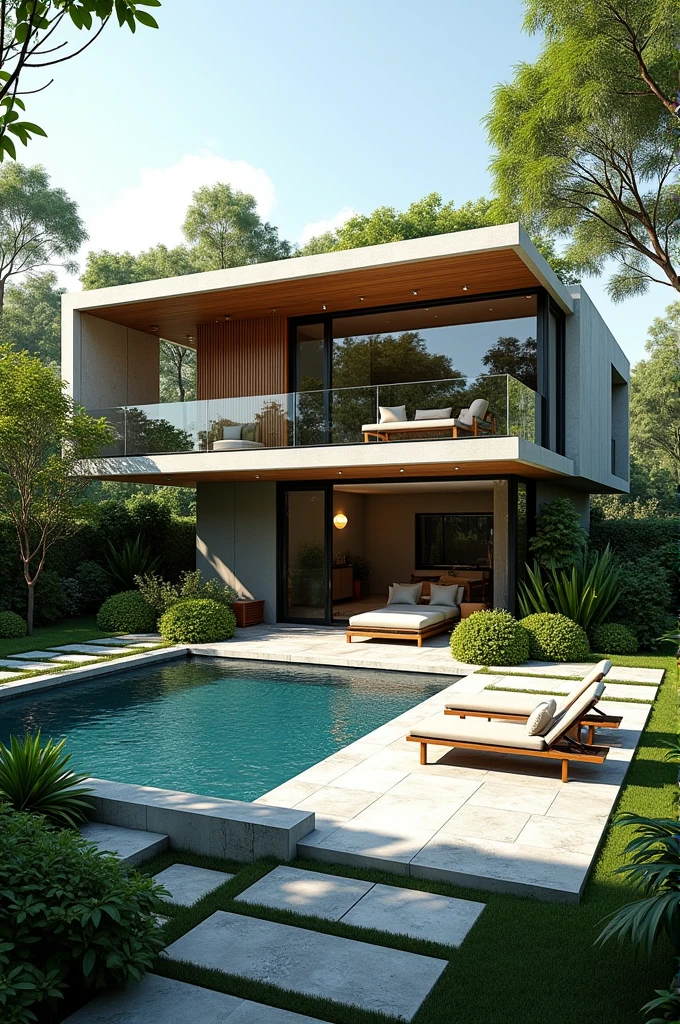 2 storey house design with swimming pool, parking, plants, beautiful ...