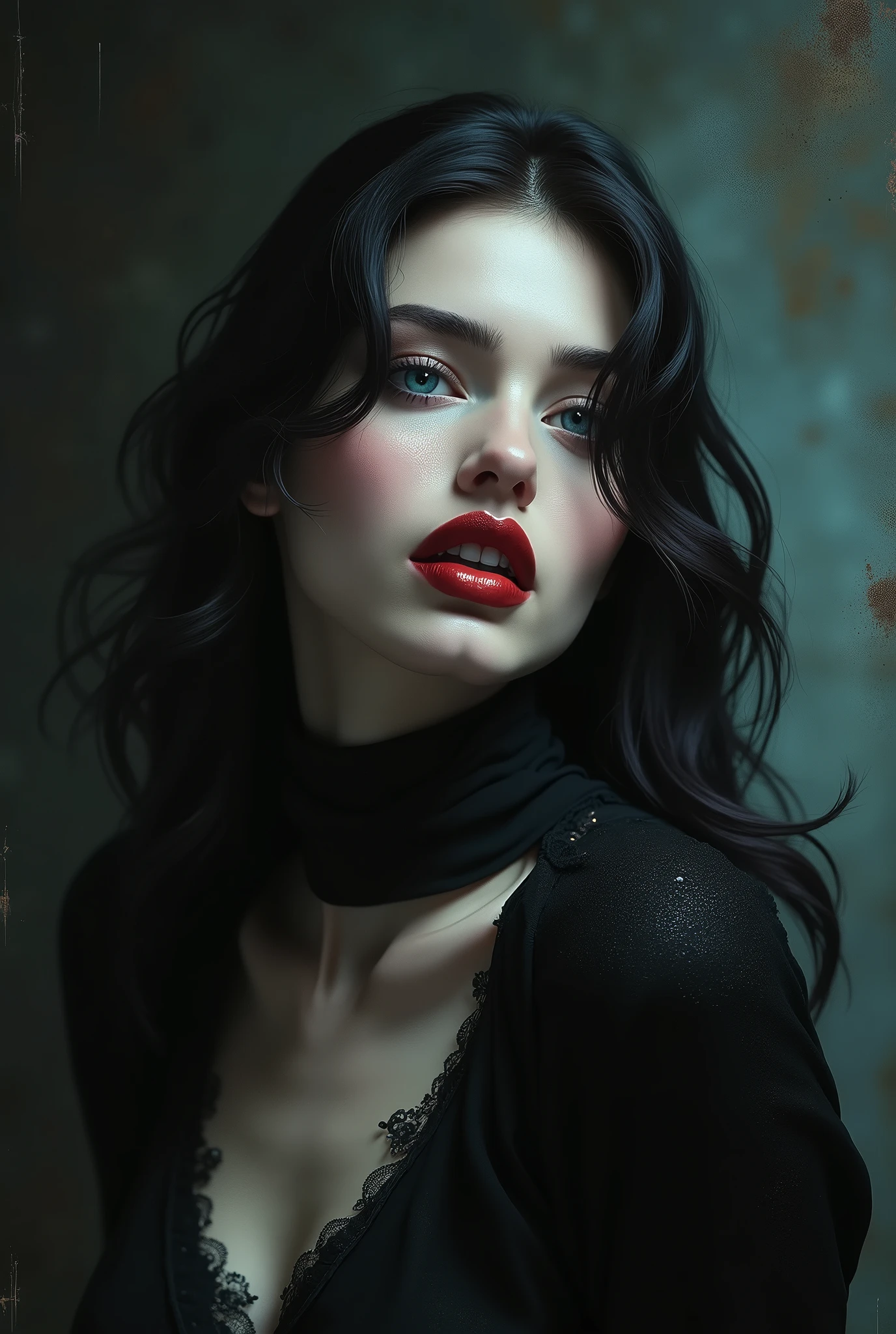 Arafed portrait of a woman with red lips and a black top - SeaArt AI