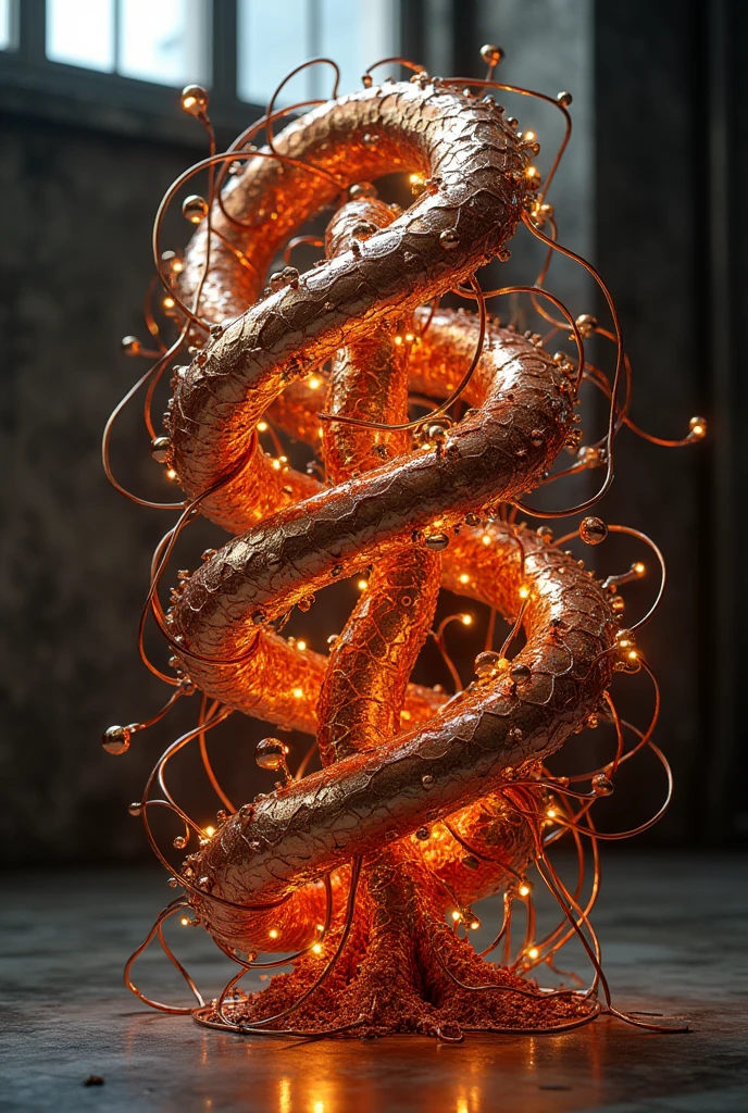A surreal copper wire sculpture, shiny metallic wires, intricate ...