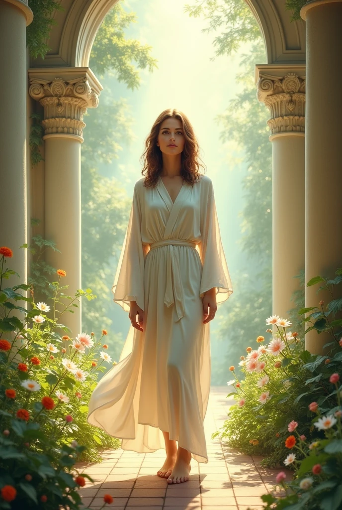 Woman in white robes Medium length brown hair Barefoot Looking around a ...