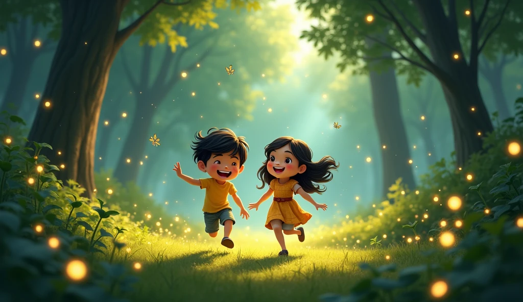 boy Ali and Zara chasing fireflies in the hidden clearing, laughing and ...