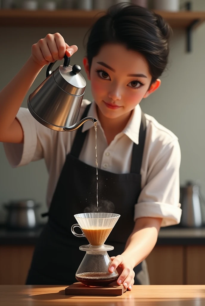 A skilled barista brews coffee with a look of confidence and ...