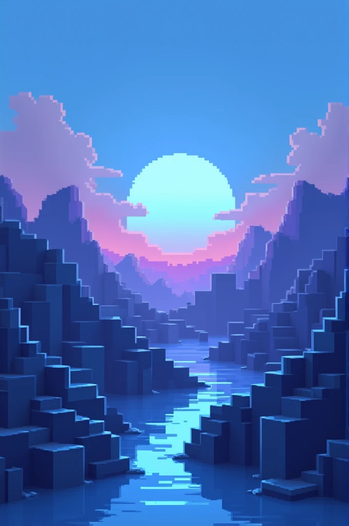 A blue sunset/pixelated purple/cubique comme minecraft - SeaArt AI