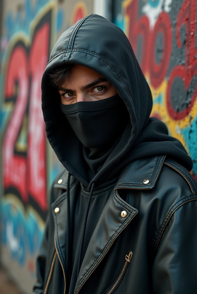 A real picture with a Young Gangster with a mask and a Graffiti with ...
