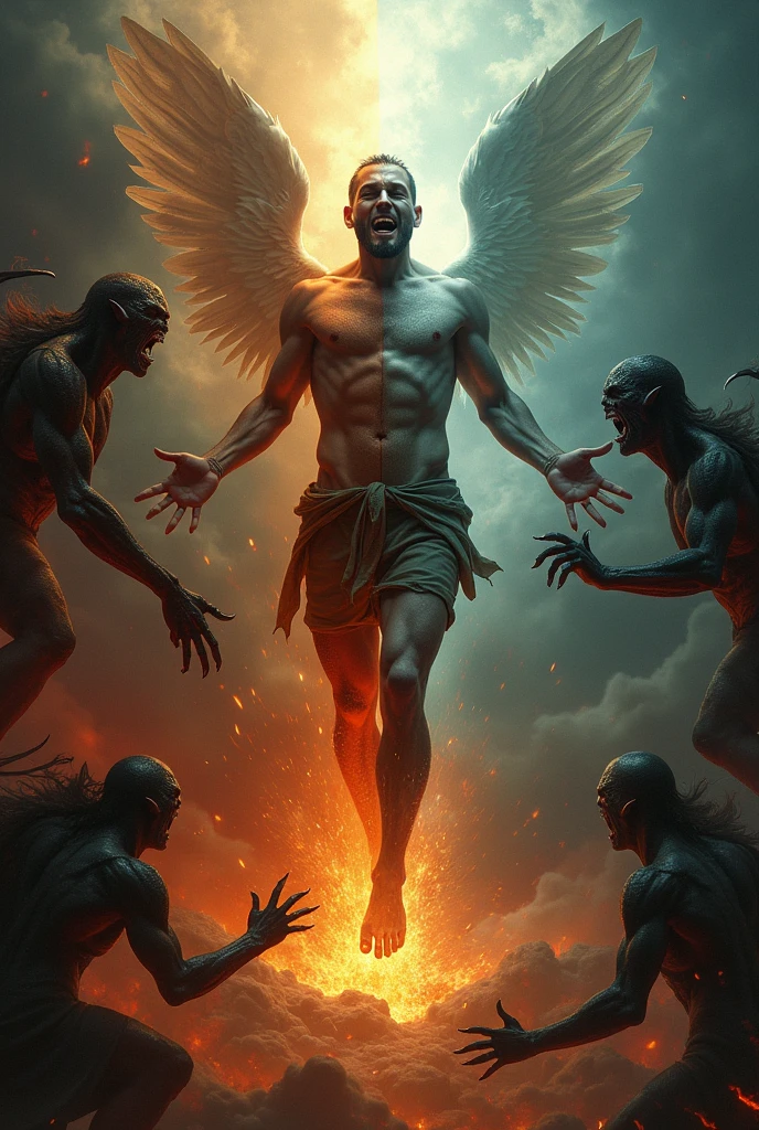 A man with half his body in hell and half his body in heaven - SeaArt AI