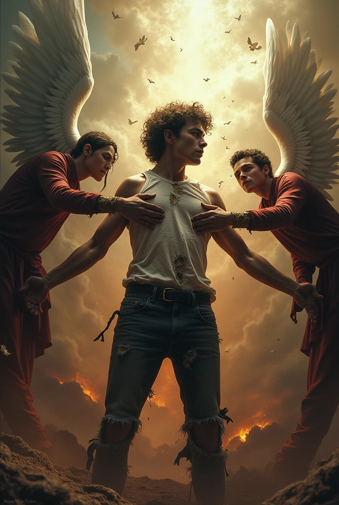 A teenager with torn clothes, being pulled by demons and angels pulling ...